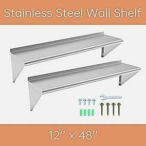 ERUPTA 2Pc - 12 x 48 inches 300 lb,Stainless Steel Wall Mount Floating Shelving,Commercial Stainless Steel NSF Shelf for Restaurant Kitchen, Home Kitchen,Hotle,Food Truk,Garage...