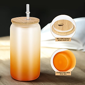 AGH 16oz Frosted Sublimation Glass Cups with Bamboo Lids and Straws, 5 Pcs Beer Can Glass Straight Sublimation Glass Tumbler, BPA-Free Glass Coffee Cups, Can Shaped Glass Cups - Gradient Orange