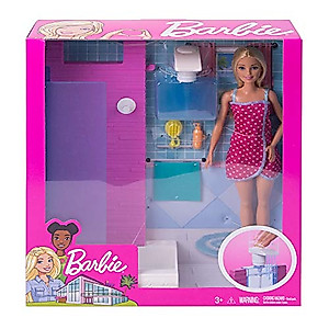Barbie Doll and Furniture Set, Bathroom with Working Shower and Three Bath Accessories, Gift Set for 3 to 7 Year Olds​​