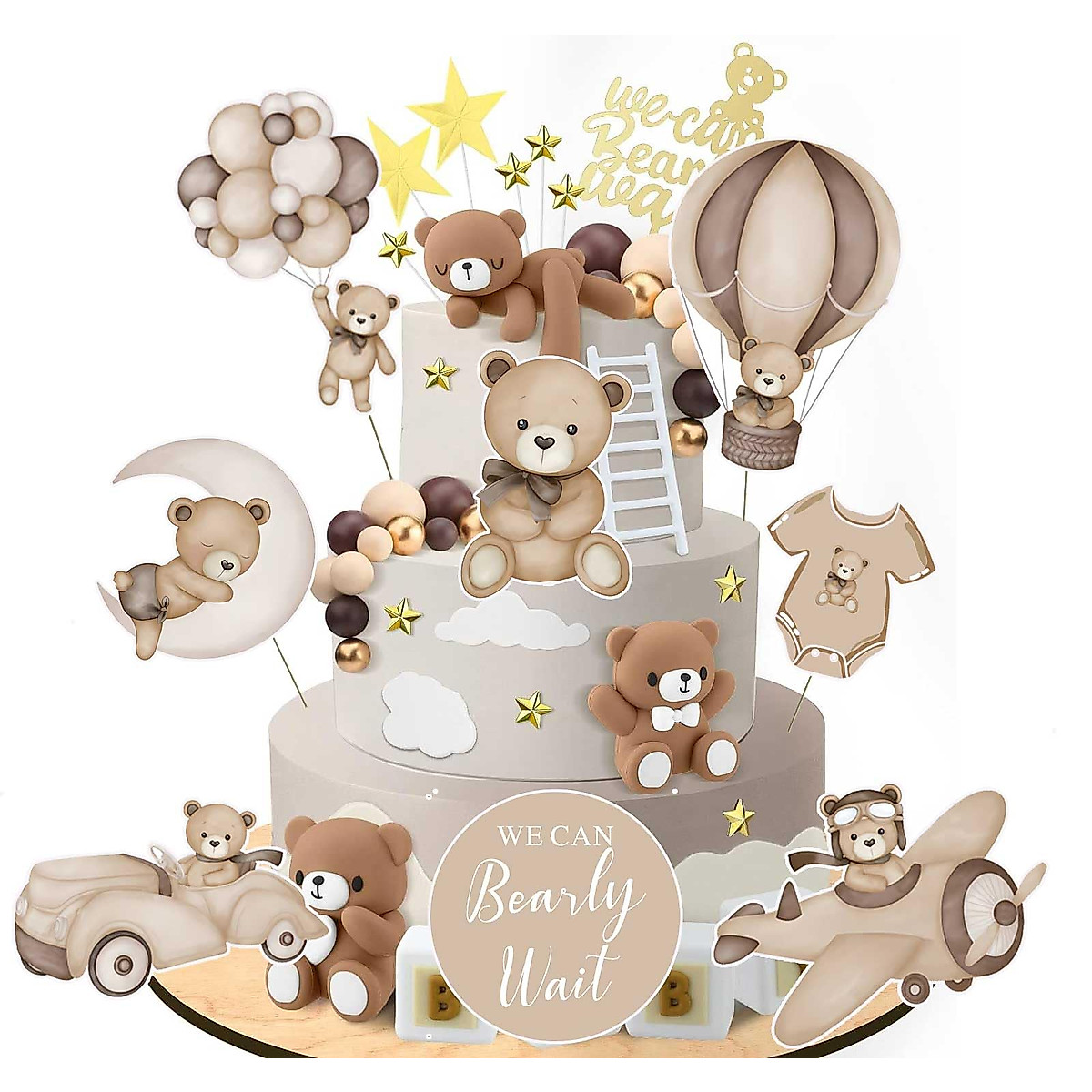 Zliisang 16Pcs Bear Baby Shower Centerpieces for Cake Table Decorations We Can Bearly Wait Baby Shower Decorations for Boy Bear Cake Toppers Bearly Wait Baby Shower Party Decorations
