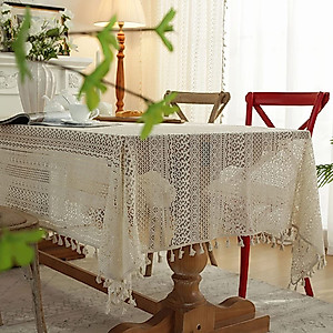 JAIJY Beige Embroidered Crochet Hole Tablecloth with Tassels, Boho Stripe Geometric Tablecloth for Party Birthday Dinning Table Cloth, Rectangular 59"x80"