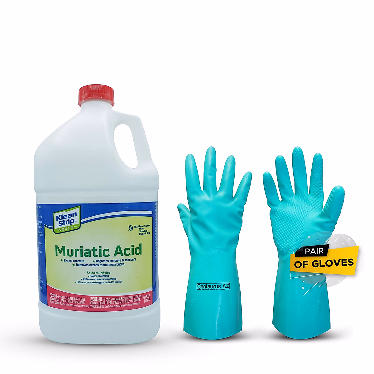 Klean Strip Green Muriatic Acid-Eco friendly Brightens Masonry Etch Concrete Removes Excess Mortar from Bricks and Cleans Algae and Scum-1 Gallon Plus Centaurus AZ Chemical Resistant Gloves