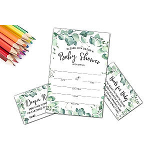 Baby Shower Invitation Kit, Diaper Raffle Games, Books For Baby, Greenery, Eucalyptus Baby Gender Reveal Fill In Invites Cards, Each Design 25 Cards & 25 Envelopes （A Total of 100 set） - BABYSET-007