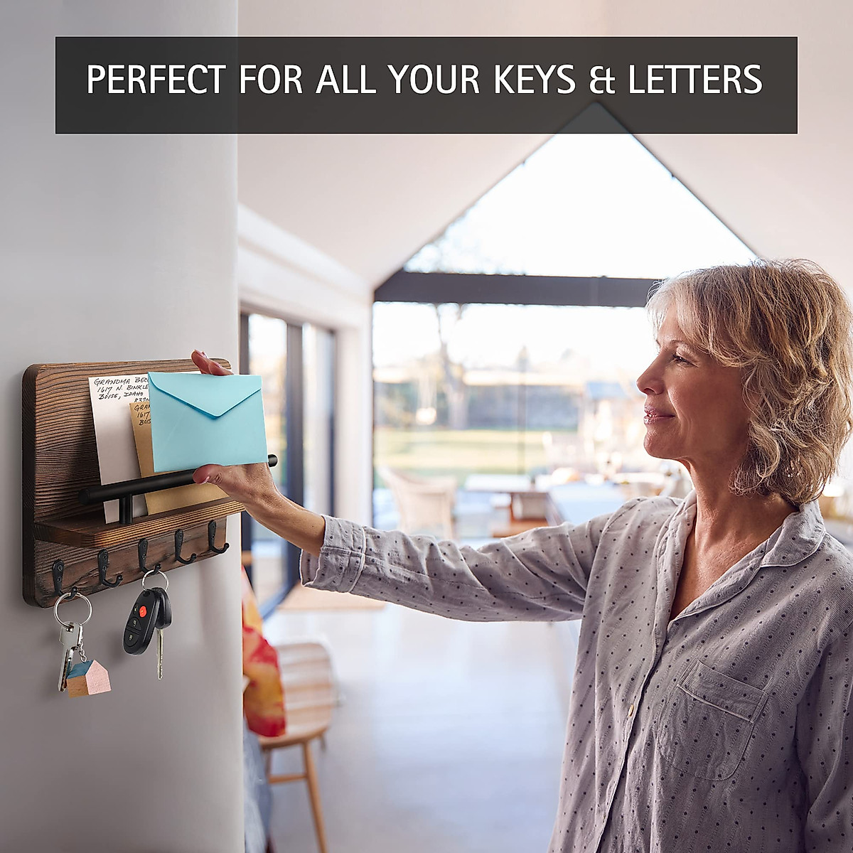 Decorative Key Hanging Rack with 5 Sturdy Hooks – Easy Install Key and Mail Holder for Wall Mount – Beautiful Farmhouse Entryway Shelf Organizes All Your Keys and Mails