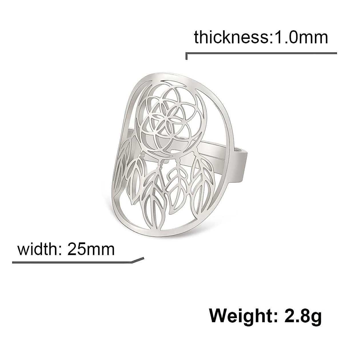 Dreamtimes Dream Catcher Ring for Women Fashion Hollow Out Dream Rings Stainless Steel Adjustable Finger Rings Feather Forest Leaf Rings Tassel Bohemian Retro Ethnic Rings