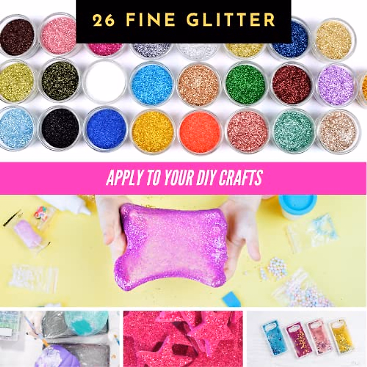 FINOCLAY Fine Glitter 52 Colours Holographic Shaker Tubes 260g Set for Epoxy Resin, Laser for Nail Art, Neon for Body Art, Chunky Iridescent Flakes, Art Crafts, Slime Supplies Gold Silver Glitter