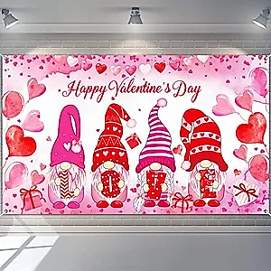 Happy Valentine's Day Backdrop Banner Gnome Photography Background Red Love Heart Photo Background Valentines Day Decor for Valentine Party Supplies, Propose Marriage Decorations, 72.83 x 43.3 Inch