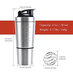 VALESKA Upgraded Shaker Bottle for Protein Mixes, Protein Shaker Bottle(27oz), Shaker Bottle with Storage for Powder, Stainless Steel Shaker Bottle with Wire Whisk, BPA Free, Leak Proof Design