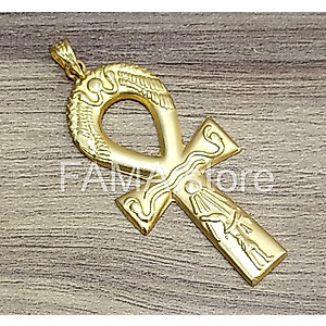 FAMA.store Egyptian Jewelry Ankh Cross Key of Life 18K Solid Yellow Gold necklas Pendant #6 (Large)