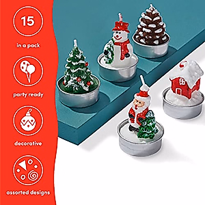 THE TWIDDLERS 15 Mini Christmas Unscented Tea Light Candles in 5 Assorted Designs (Xmas Tree, Santa, Snowman, Pinecone, Festive Home) 2.5 Hours Ideal for Home Decor, Dinner Tablle, Parties