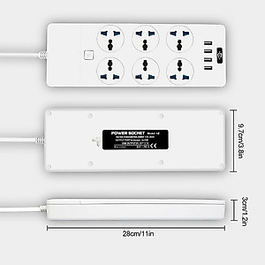 MAOZUA Universal Power Strip with 6 Oulets and 4 USB, 6.5ft Extension Cord 3000W Universal Power Strip Surge Protector 110V-250V Extension Lead for Home Office Dorm Room (White)