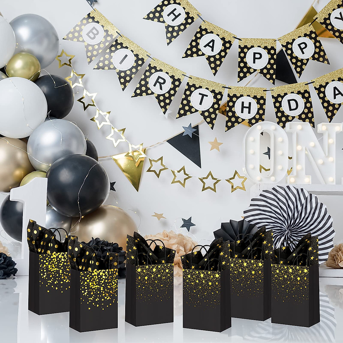 32 Pcs Black Gold Gift Bags New Years Eve Party Favor Bags 32 Pcs Black and Gold Tissue Paper for Gift Bags Gold Black Gift Bags with Handles New Years Eve Gift Bags with Stars Heart for Wedding