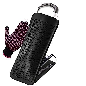 Heat Resistant Silicone Mat and Glove Set for Hair Straighteners and Flat Irons - 11" x 6" Mat, 8.7" x 5.2" Bump Glove, Black