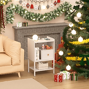 Gannyfer Nightstand with Charging Station,Night Stand with USB Ports and Storage Drawer,Modern 3-Tier End Side Table,Small Wood Bedside Table for Bedroom,Living Room,White