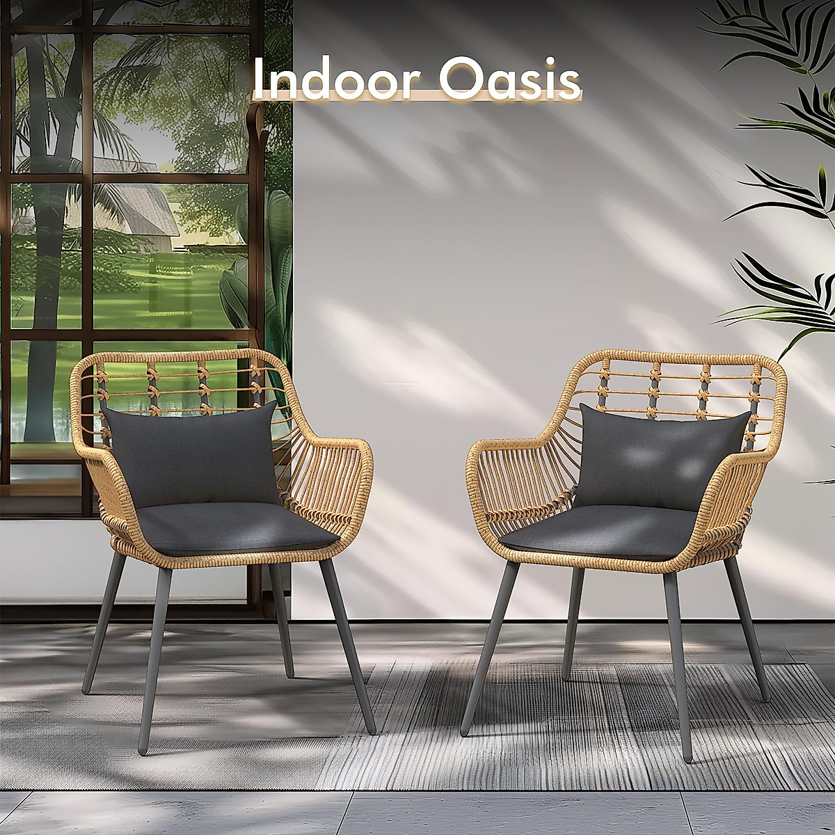 JOIVI Outdoor Patio Wicker Chairs Set of 2, Rattan Dining Chairs with Cushion and Armrest, Porch Chairs Outdoor Seating with Iron Frame, Balcony Furniture for Apartments, Lawn, Backyard, Garden, Black