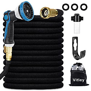 Vitley Expandable Garden Hose 100ft with 10 Function Spray Nozzle, Leakproof Flexible Water Hose Design,with foam pot, Solid Brass Connectors，Retractable Hose Expands 3 Times, Easy Storage and Usage.