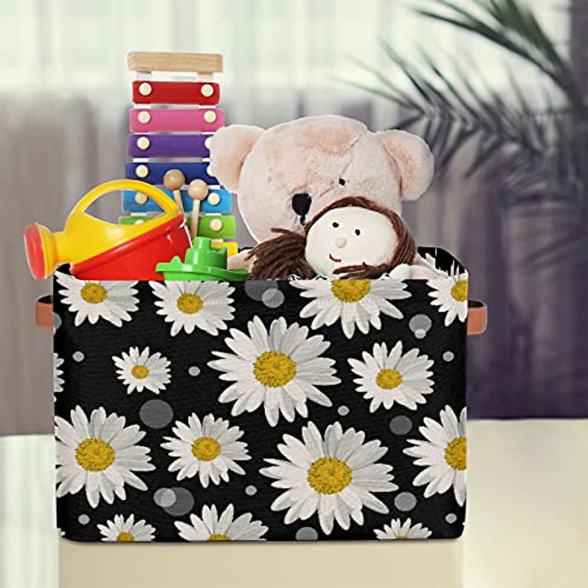 Daisy Storage Basket Bins Flower Floral Toys Books Clothes Canvas Storage Box Cubes Rectangular Collapsible with Handles for Bedroom Nursery Home Office Decor Organizer Basket