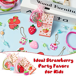 Haooryx 110PCS Strawberry Theme Party Favors Fruit Mochi Toys Berry Sweet Rubber Bracelet Acrylic Strawberry Scrapbook Stickers Keychains with Thank You Card for Girls Birthday Summer Party Goodie Bag