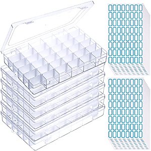 6 Pack 36 Grids Clear Plastic Organizer Box Storage Container with Adjustable Dividers for Beads Jewelry Art DIY Crafts Jewelry Fishing Tackles with Compartment 50 Label Stickers