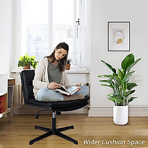 KLASIKA Office Desk Chairs Armless No Wheels,Cross Legged Ergonomic Office Chair Adjustable Swivel PU Leather Thick Padded Computer Chair Wide Seat for Home Bedroom Office, Black 1Pack