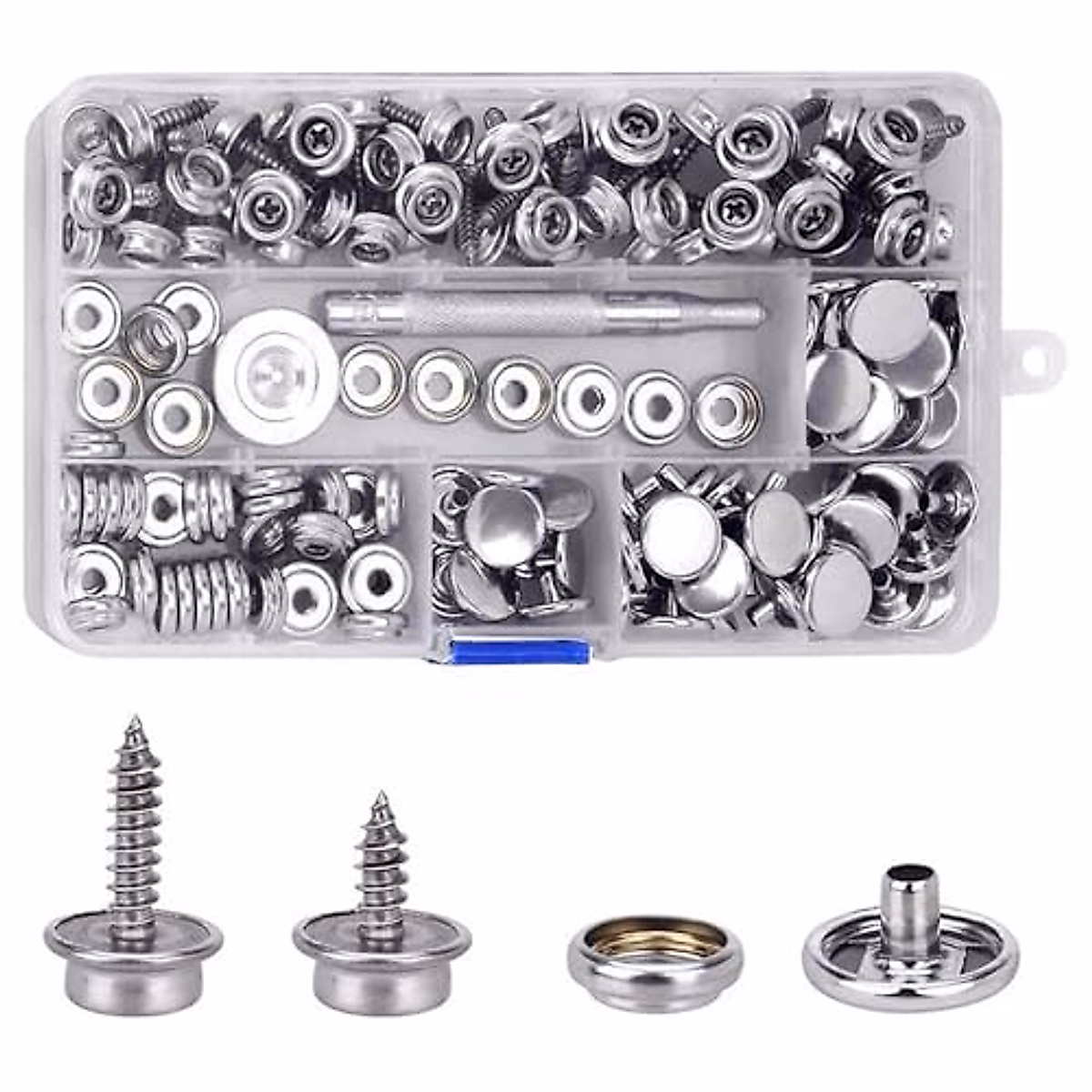 MMOBIEL 153 Pcs Snap Button Kit Screw Snaps Fastener Stainless Steel Heavy Duty for Canvas Upholstery Boat Cover, Furniture, Outdoor, Marine Grade 3/8 inch, 5/8 Socket Incl. Snap Fastener Tool