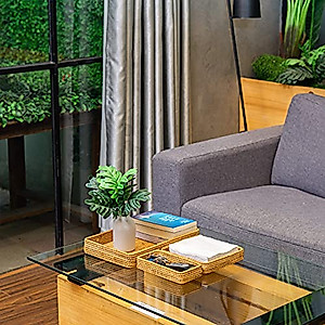 KOLSTRAW Rattan Tray Vanity Trays for Bathroom Coffee Table Tray Wicker Decorative Trays for Perfume Cologne Jewelry Key Makeup Brushes Remote Storage Large Ottoman Tray (3 Sizes: S+M+L, Honey Brown)