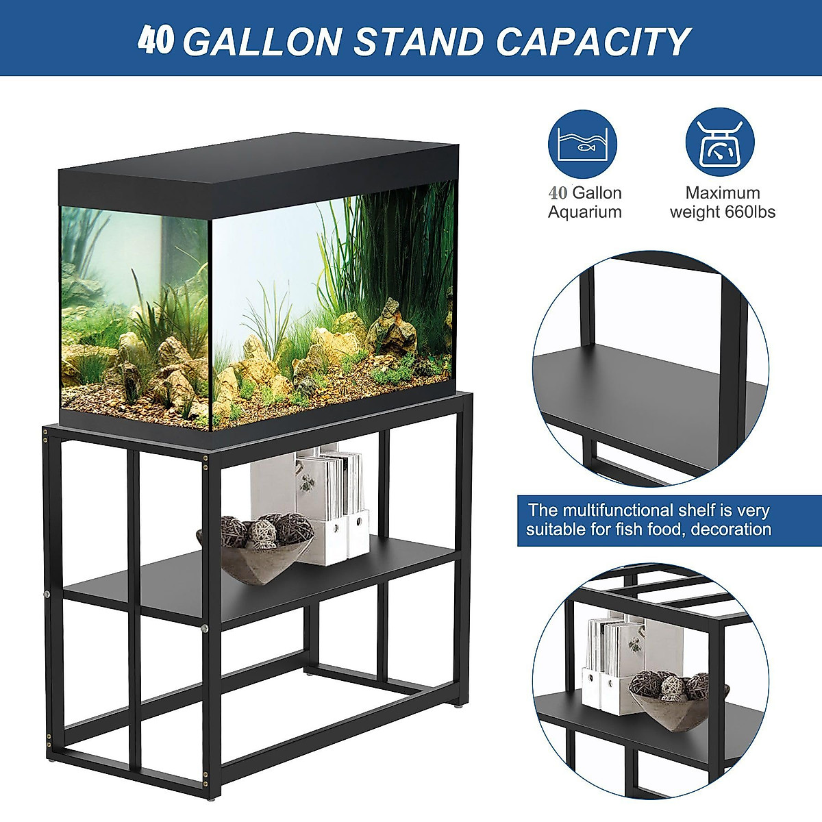 Akenow Fish Tank Stand 40 Gallon,Turtle Tank, Double Layer Metal Aquarium Stand with Storage, Turtle Tank/Reptile Terrariums 36.4" x 18.5" x 29.1"