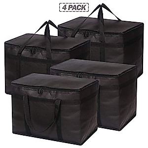 4 Pack XL Insulated Reusable Grocery Bags with Sturdy Zipper Reinforced Bottom & Handles, Foldable Washable Heavy Duty Cooler Totes for Hot or Cold Food Delivery, Groceries, Travel, Shopping