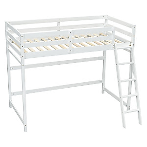 Harper & Bright Designs Twin Size Loft Bed Frame,Wooden Kids Loft Bed with Inclined Ladder & Full-Length Guardrail, High Loft Bed for Teens Girls Boys, Space-Saving, White