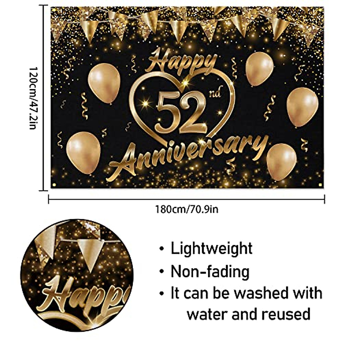 Happy 52nd Anniversary Backdrop Banner Decor Black Gold – Glitter Love Heart Happy 52 Years Wedding Anniversary Party Theme Decorations for Women Men Supplies, 3.9 x 5.9 ft