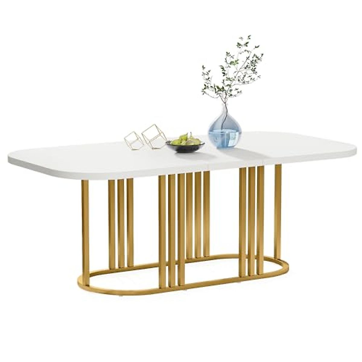Tribesigns Gold Dining Table for 6, 71” Modern White Kitchen Table, Rectangular Dining Room Table with Heavy Duty Oval-Shaped Metal Frame, White/Gold