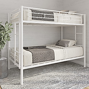 HomJoones Metal Bunk Bed Twin Over Twin Sturdy Heavy Duty Bunk Beds with 2 Side Ladders,Space Saving,No Box Spring Needed,for Boys Girls Teens Adults, Bedroom, Dormitory (White)