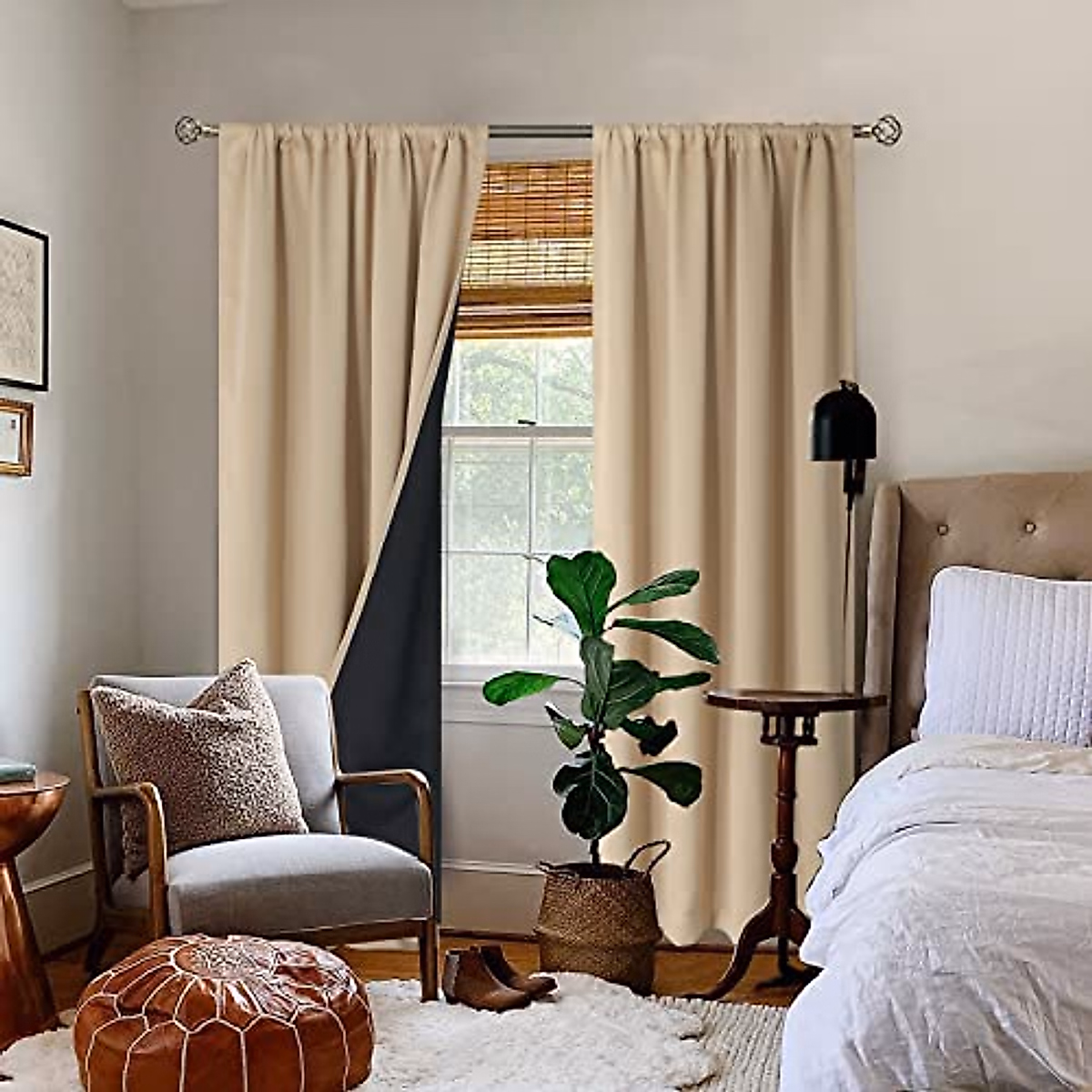 BGment Thermal Insulated 100% Blackout Curtains for Bedroom with Black Liner, Double Layer Full Room Darkening Noise Reducing Rod Pocket Curtain (42 x 84 Inch, Beige, 2 Panels)