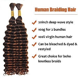 Bulk Deep Wave Virgin Braiding Hair for Bohemian Knotless Boho Braids - No Weft, 100% Human Hair Bundles for Braiding (20inch, 100g, 4/30)