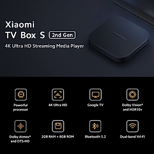 Xiaomi TV Box S (2nd Gen) 4K Ultra HD Streaming Media Player, Google TV Box with 2GB RAM 8GB ROM, 2.4G/5G Dual WiFi, Bluetooth 5.2 & Dolby Audio and DTS-HD, Dolby Vision, HDR10+