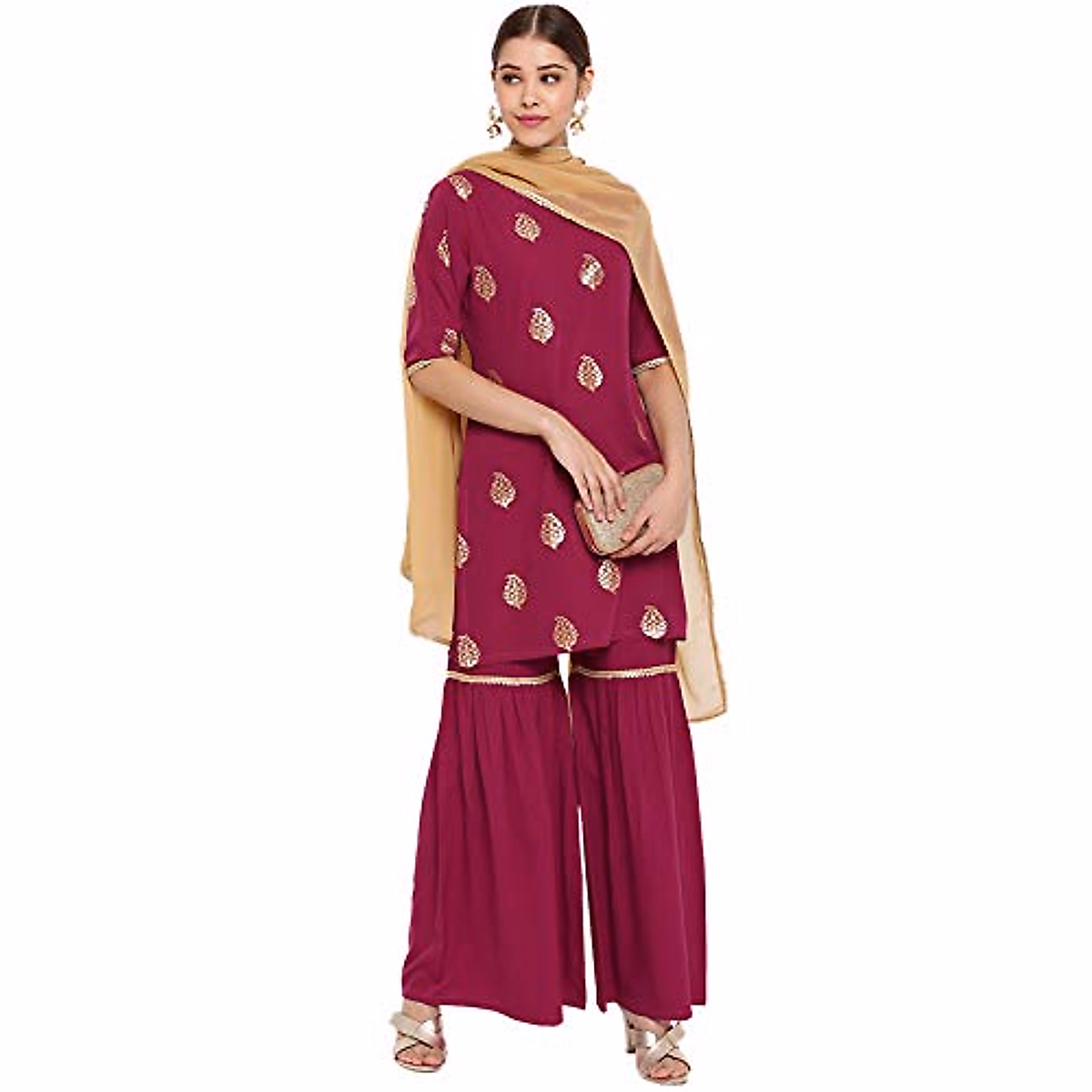 Janasya Indian Women's Magenta Poly Crepe Kurti With Sharara And Dupatta(SET250-KR-SHA-M)