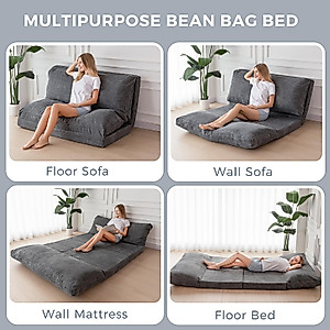 MAXYOYO Bean Bag Bed Folding Sofa Bed Floor Mattress for Adults, Extra Thick and Long Floor Sofa with Corded Washable Cover, Dark Grey, 30x95 Inch