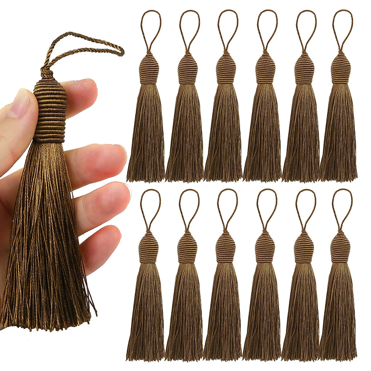 Fenghuangwu 30 Pieces Handmade Sewing Tassels for Crafts 5.7inch Silky Soft Tassels with 2.6inch Cord Loop for DIY Craft Accessory Decoration (Dark Coffee, 12 Pack)