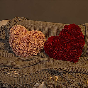 JWH 3D Flower Throw Pillow Cover Aesthetic Decorative Romantic Accent Pillow Case Heart Shaped Cushion Handmade Pillowcase for Girls Bed Bedroom Couch Gift 14x16 Inch Red