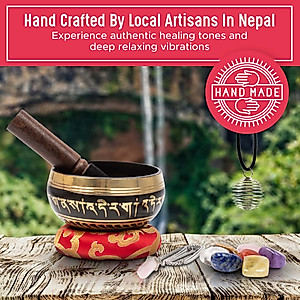 Tibetan Singing Bowl Set -Rose Quartz Pendant - 7 Chakra Crystal stones with Cage Necklace- For Meditation, Mindfulness, Yoga and Spiritual Healing and Energy Cleansing (3.5", Red)