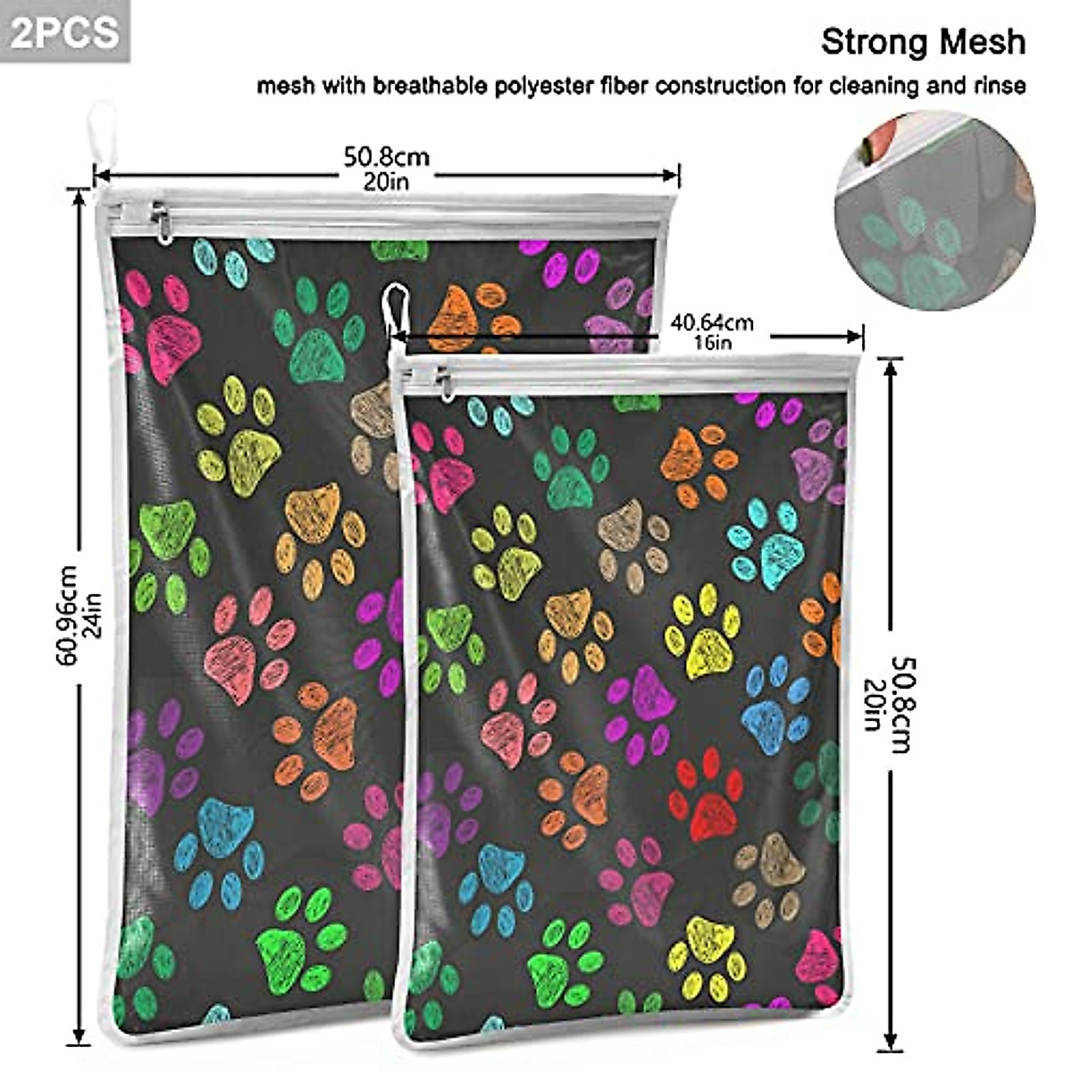xigua Delicates Mesh Laundry Bag, Hand Drawn Colorful Paw Prints Wear-resistant and Durable Washing Bag storage bag for Protect Underwear Bras Socks Blouse-1 Large & 1 Medium