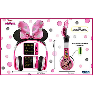 eKids Minnie Mouse Kids Bluetooth Headphones, Wireless Headphones with Microphone Includes Aux Cord, Volume Reduced Kids Foldable Headphones for School, Home, or Travel, Pink
