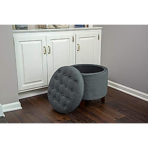 Homepop Home Decor | Upholstered Round Velvet Tufted Foot Rest Ottoman | Ottoman with Storage for Living Room & Bedroom | Decorative Home Furniture, Dark Gray Small