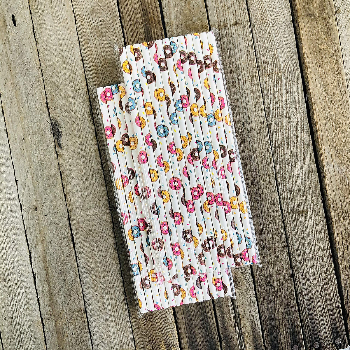 Doughnut Themed Paper Straws - Donut Colors Pink Blue Yellow - 50 Pack