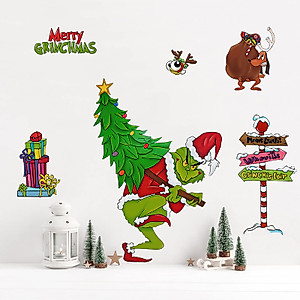 Yovkky Merry Christmas Wall Decals Stickers, Xmas Tree Sign Holiday Max Dog Decor, 2024 New Year Winter Green Red Farmhouse Home Kitchen Decorations Kids Boys Girls Bedroom Art Gift