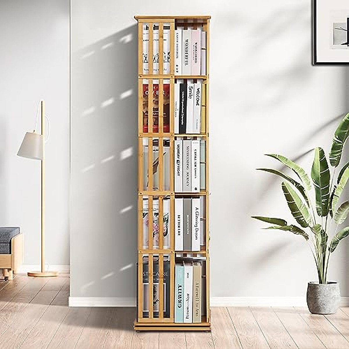 Magshion Rotating Bookcase 4-Tier Corner Shelf Bamboo Media Storage, 59.8" High Revolving Floor Standing Storage Organizer Living Room Bedroom 360 Degree Rotating Storage (Natural, Stripe Guardrail)