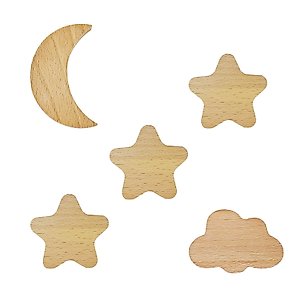 KUMGROT 5pcs Coat Hooks Wall Mounted Wood Wall Hooks Decorative Cute Hooks for Living Room Bedroom Hanging Clothes Hats Towels Purse 1 Moon 3 Stars 1 Cloud