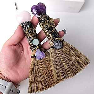 Natural Crystal Magic Broom,Mini Witch Broom,Crystal Witch Wiccan Altar Broom,Magic Ceremony Decor,Handmade Reiki Broomstick for Cleansing Healing Fengshui