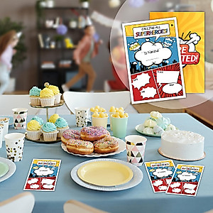 YUEXLL Comic Superhero Birthday Party Invitations Cards with Envelopes, Calling All Superheros Party Invitations, Birthday Celebration Supplies, Double-sided Fill-in bday Invites for Boys Girls- A35