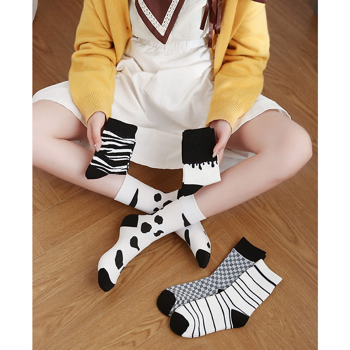 Joylife Cow Pattern Crew Socks Novelty Black White Quartz Socks Striped Checkered Dress Socks for Women, Lady, Girls, 7 Pack